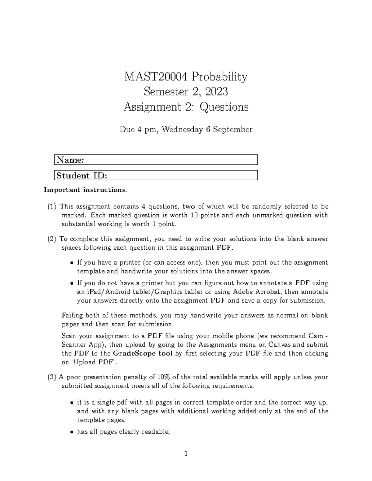 Assignment 2 Solution MAST20004 2023 Sem 2 - MAST20004 Probability ...