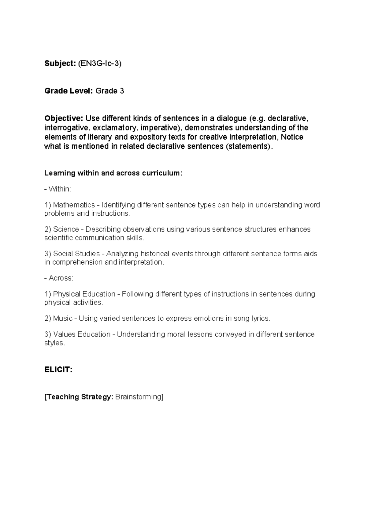 Lesson Plan: Understanding Sentence Types in EN3G-Ic-3 for Grade 3 ...