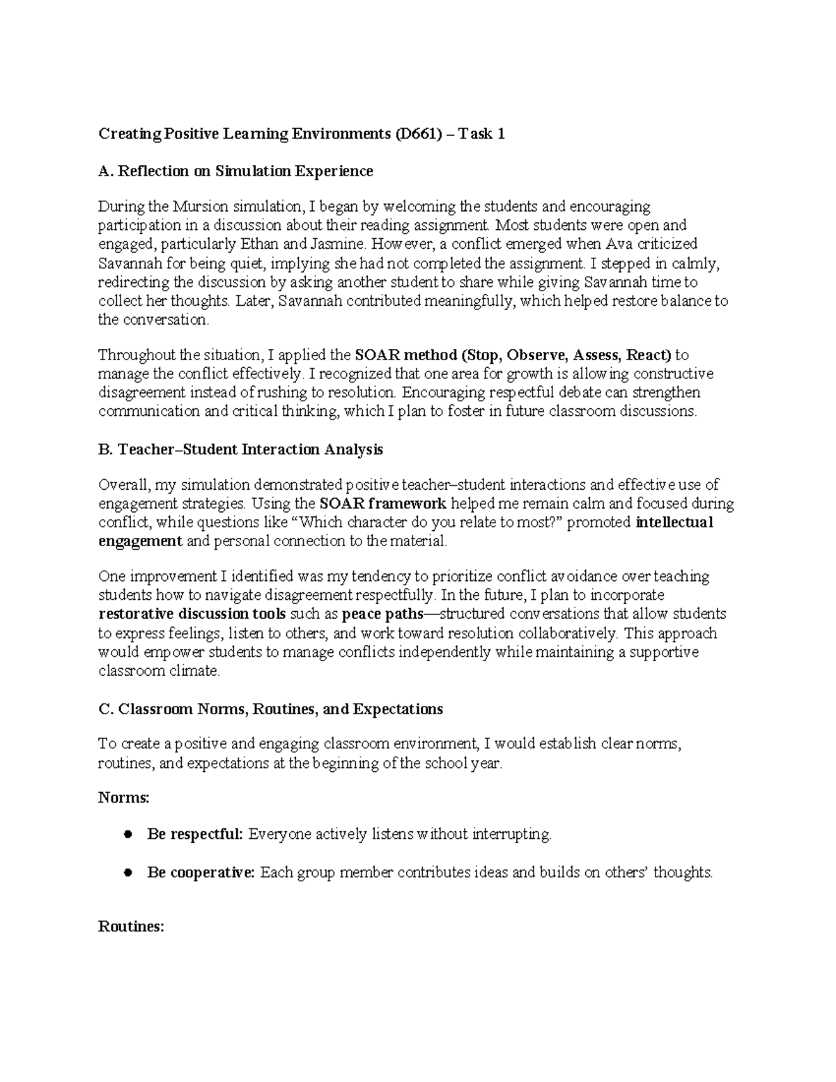 Creating Positive Learning Environments (D661) Task 1 Reflection - Studocu