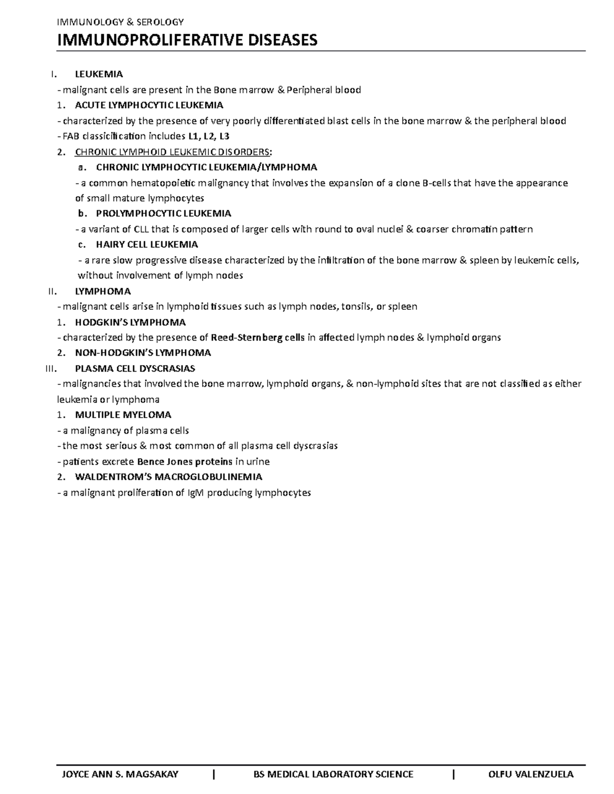 BS MLS Immunology: Overview of Immunoproliferative Diseases - Studocu