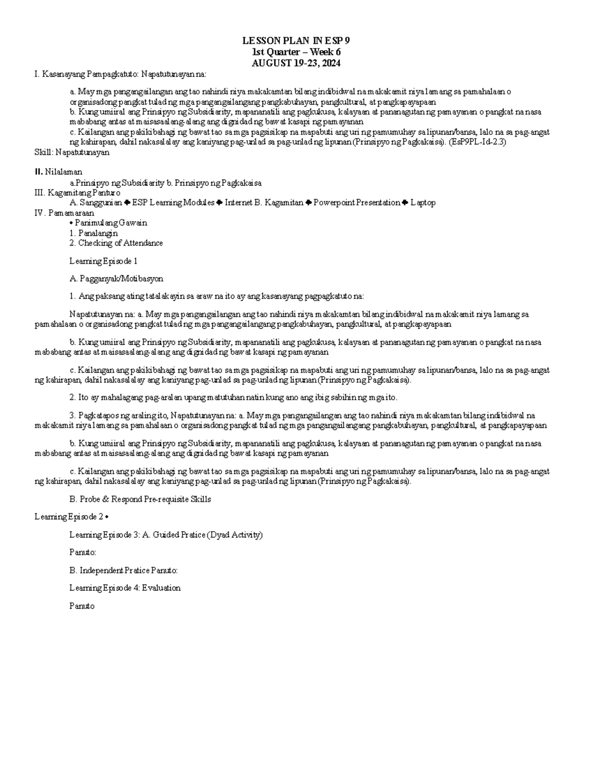 Lesson Plan for ESP 9: Week 6 Activities and Learning Objectives - Studocu