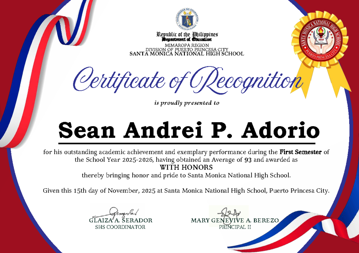 Grade 11 First Quarter Certificate of Recognition for Academic ...