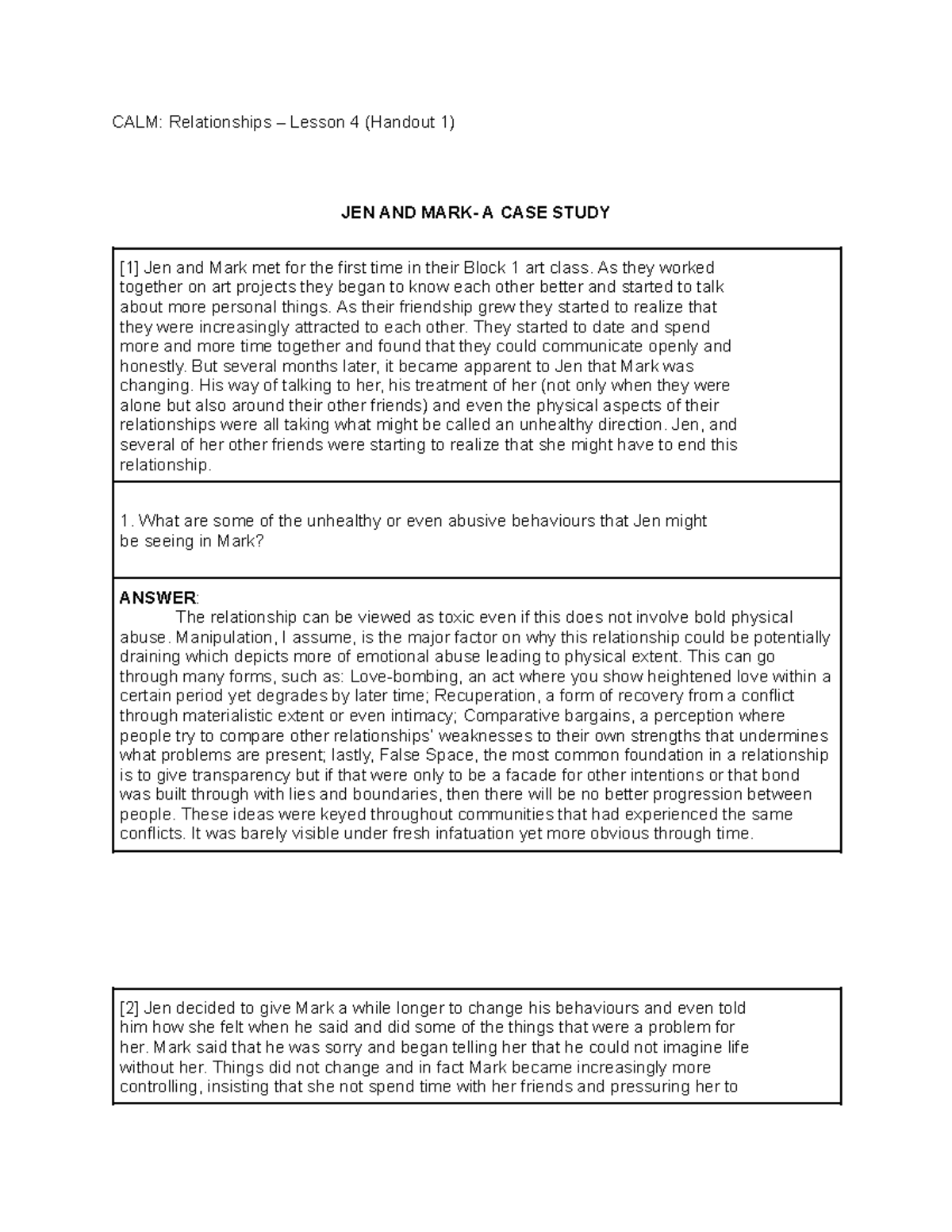 Assignment 212386 - CALM: Relationships – Lesson 4 (Handout 1) JEN AND ...