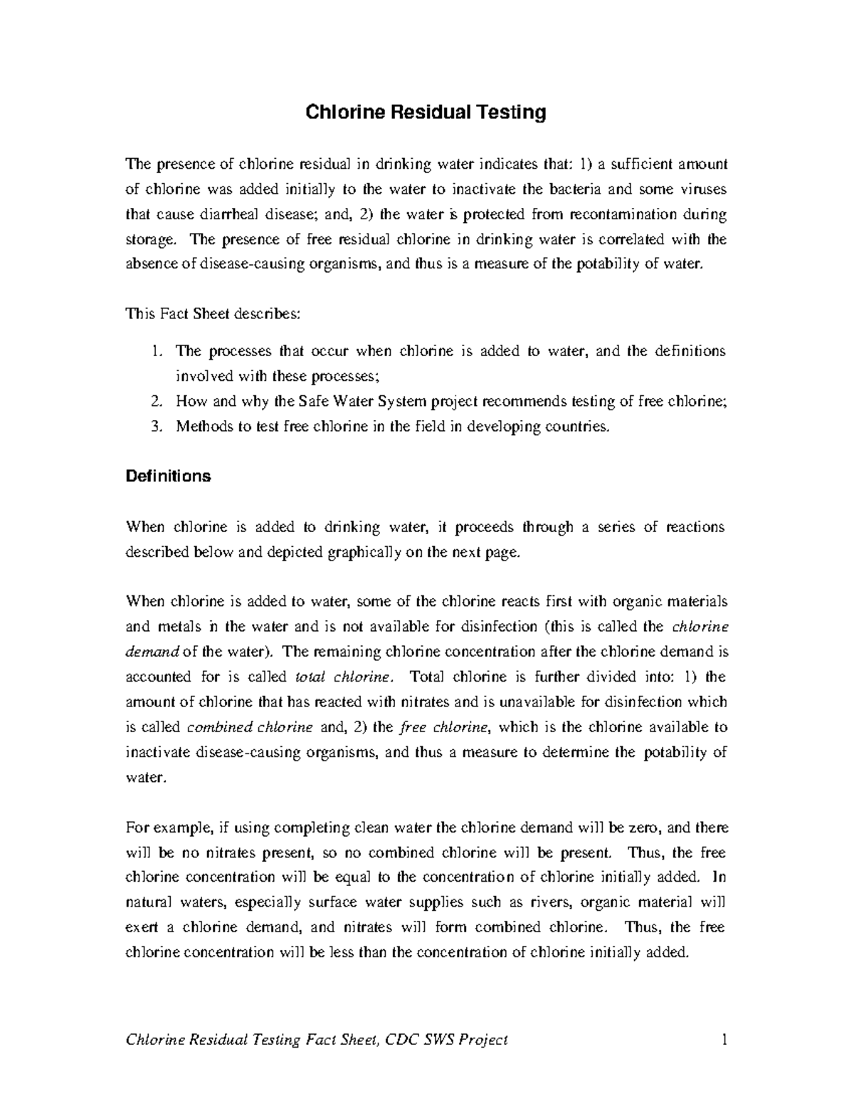 Chlorine Residual Testing Fact Sheet: Methods & Importance (CDC SWS ...