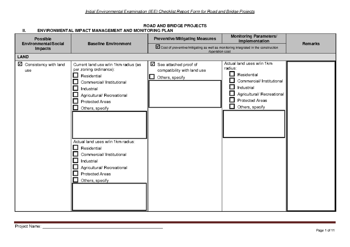 IEE Checklist Report Form for Road and Bridge Projects II ...