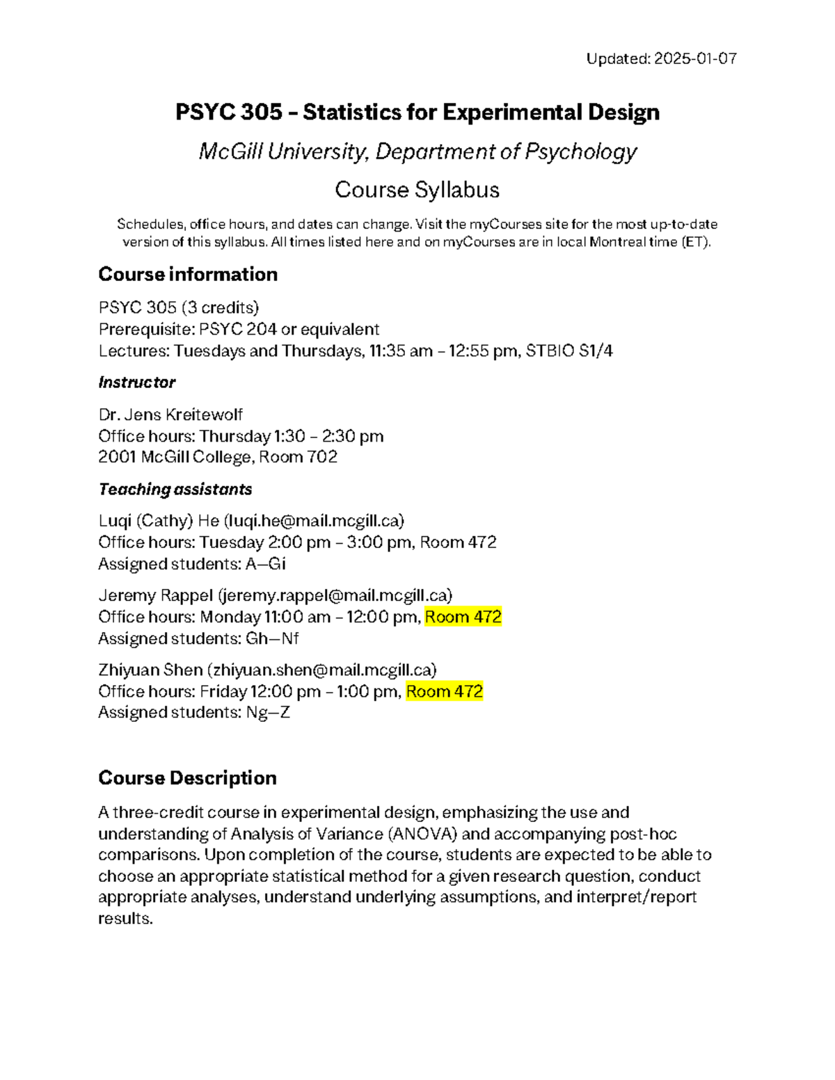 PSYC 305 Syllabus: Statistics for Experimental Design - Winter 2025 ...
