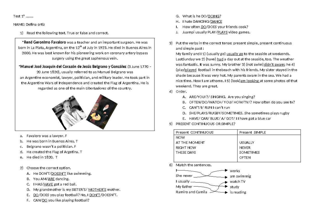 Modelo de examén - Test 1° ........ NAME: Defina ortiz 1) Read the ...