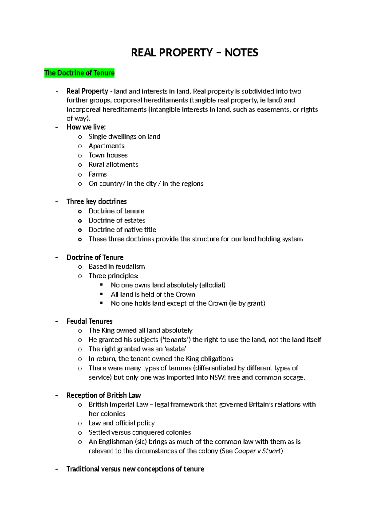 REAL PROPERTY NOTES: The Doctrine of Tenure and Land Interests - Studocu