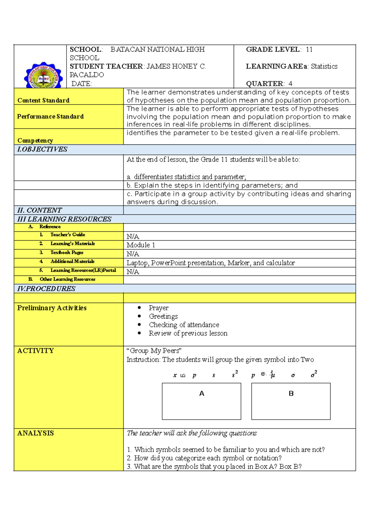 Grade 11 Statistics Lesson Plan: Tests of Hypotheses (4th Quarter ...