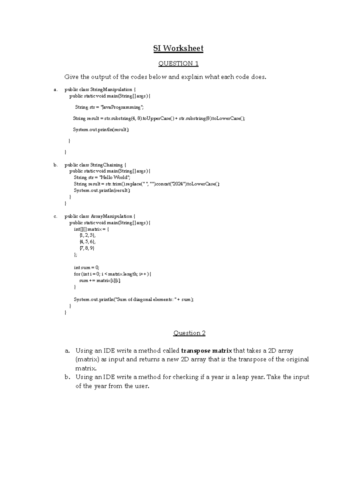 SI Worksheet - Java Theory Practice Questions and Outputs - Studocu