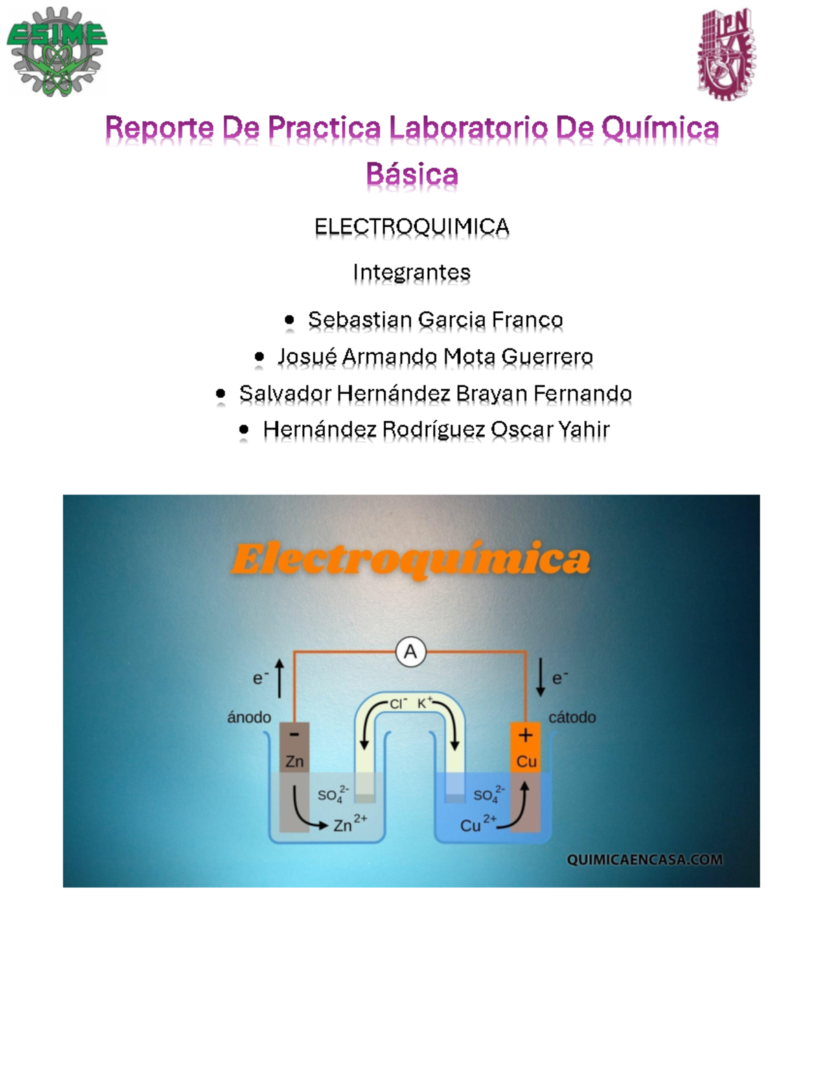 Reporte de Práctica de Electroquímica - Química Básica - Studocu