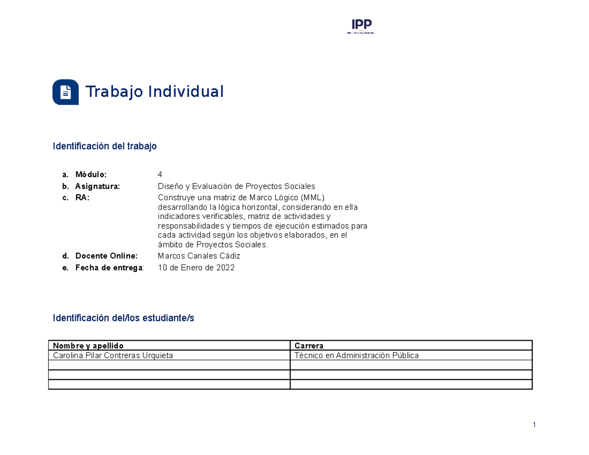 Diseño y Evaluación de Proyectos Sociales - M4 Trabajo Individual - Studocu