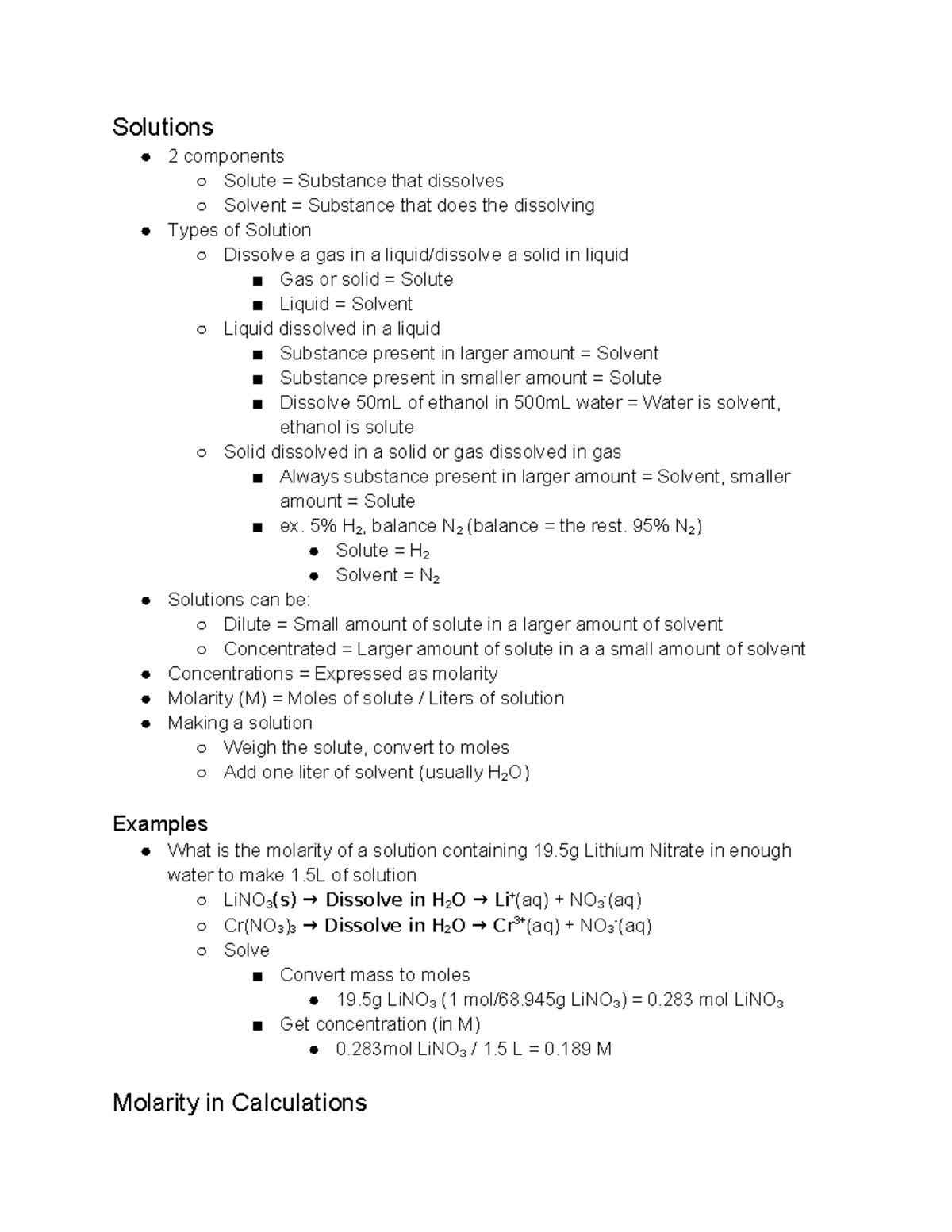 Solutions and Molarity: Understanding Concentrations in Chem 101 - Studocu