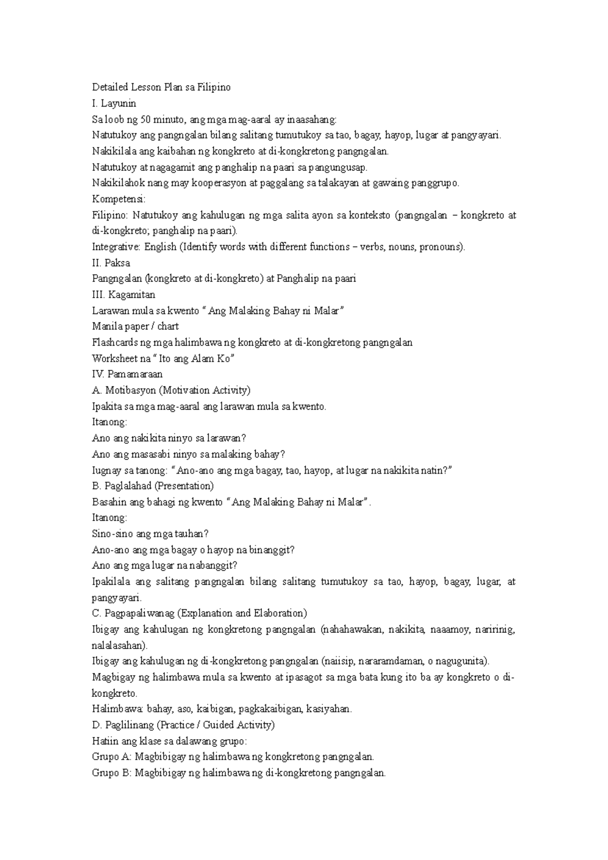 DLP Filipino I: Lesson Plan on Pangngalan at Panghalip - Studocu