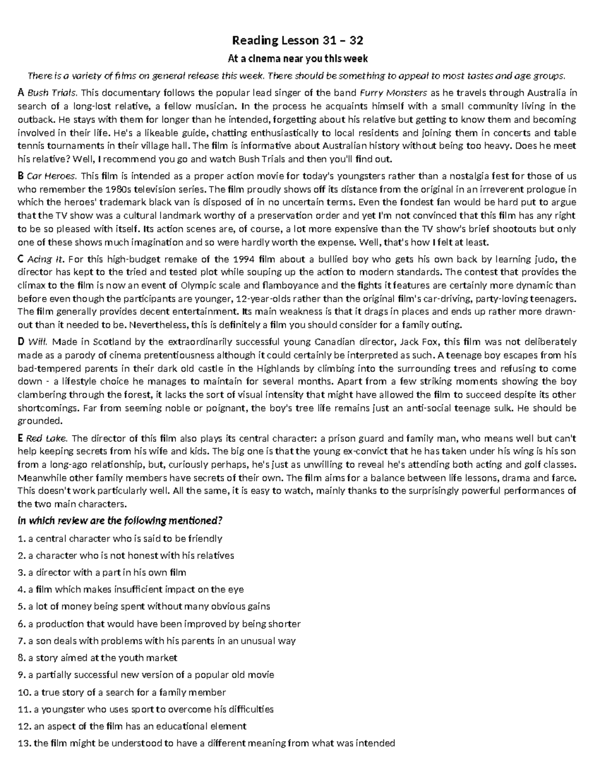 Reading Lesson 31-32: Film Reviews & Analysis - Studocu