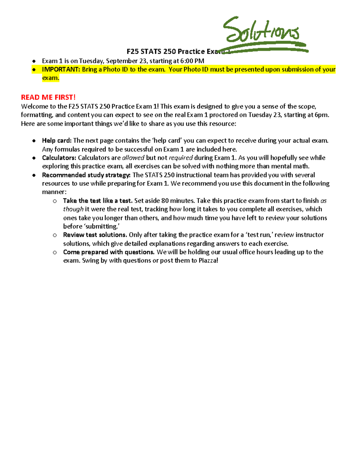 F25 STAT 250 Practice Exam 1 Study Guide and Solutions - Studocu