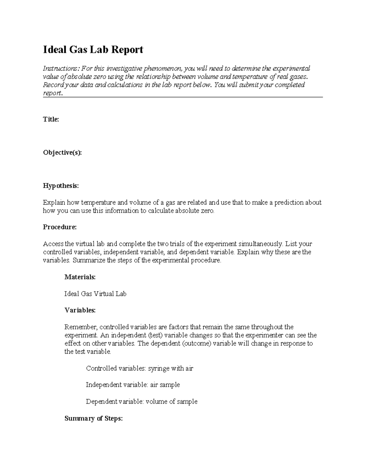 Ideal Gas Lab Report - Determining Absolute Zero (Chemistry) - Studocu