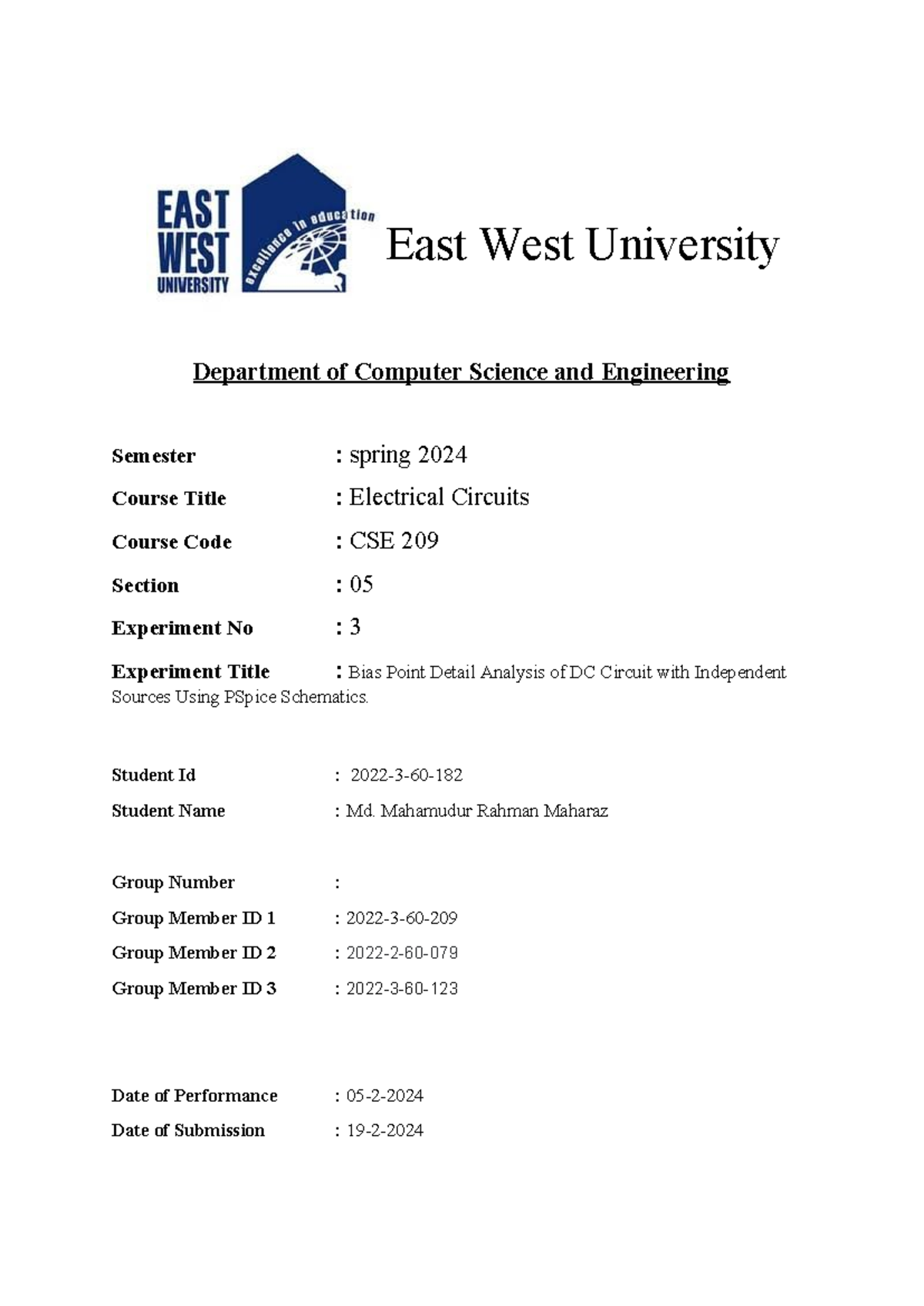 LAB Report 03 - Cse 209 lab 3 - East West University Department of Computer Science and ...