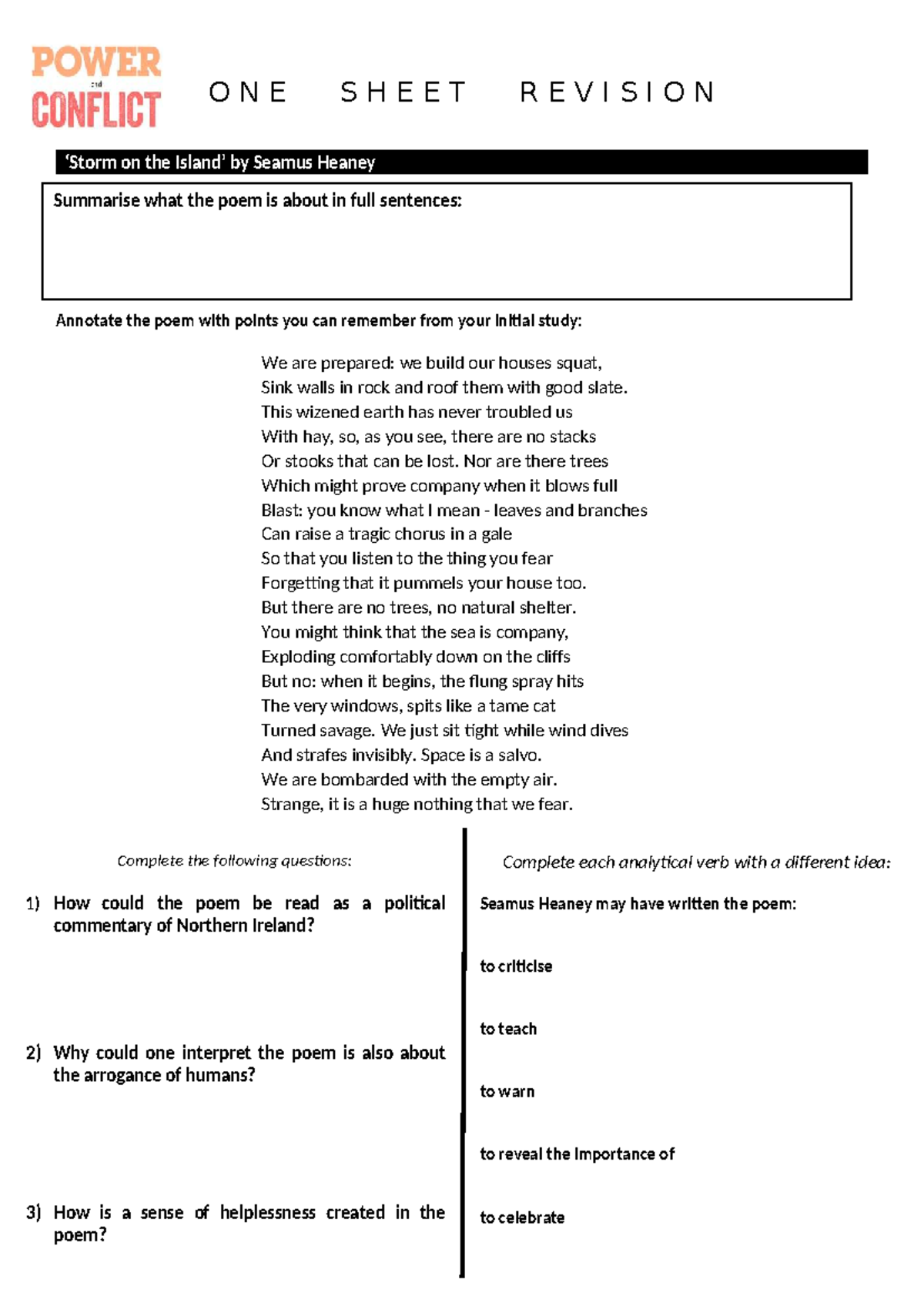 SOTI - One Sheet Revision on Seamus Heaney's Poem Analysis - Studocu