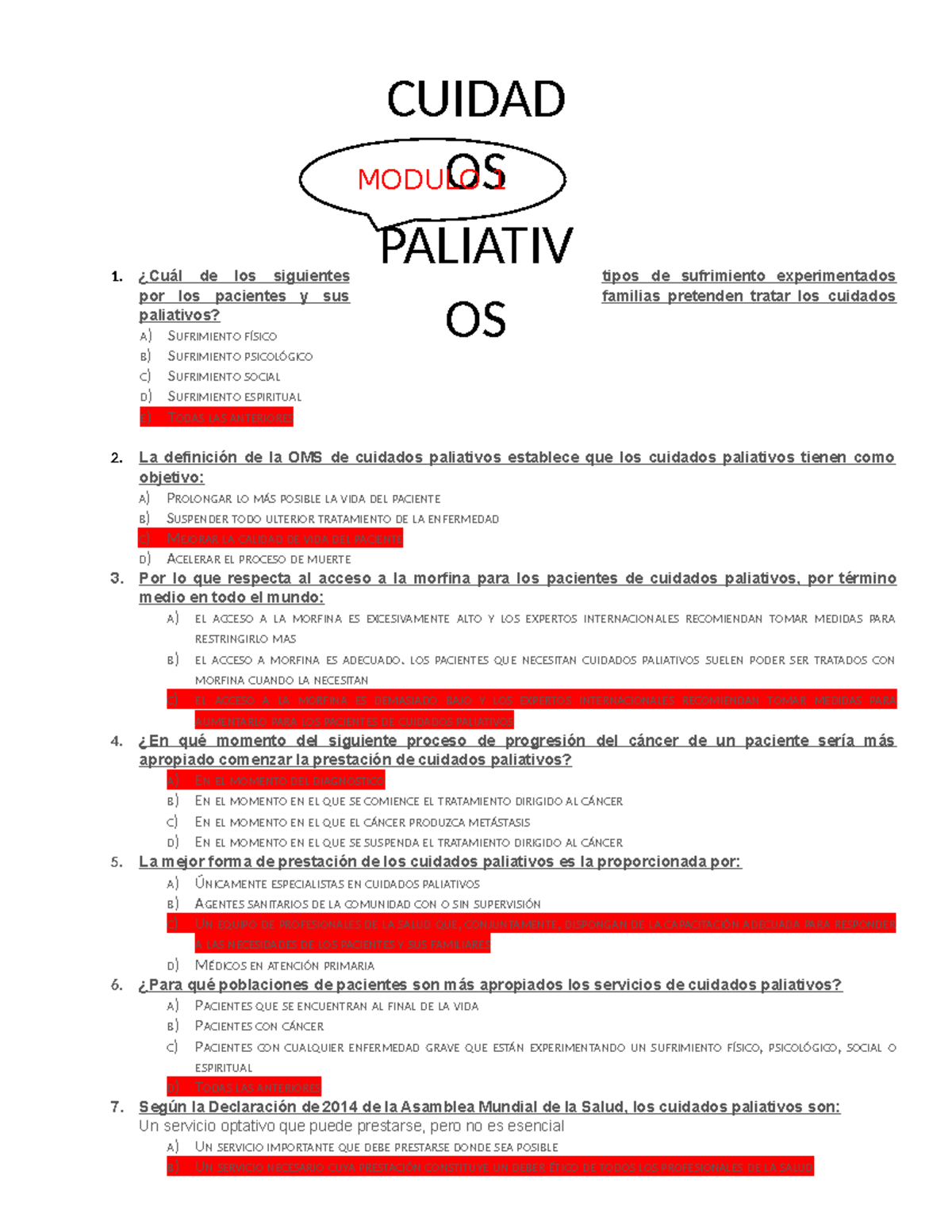 Respuestas sobre Cuidados Paliativos - Módulo 1 y 2 - Studocu
