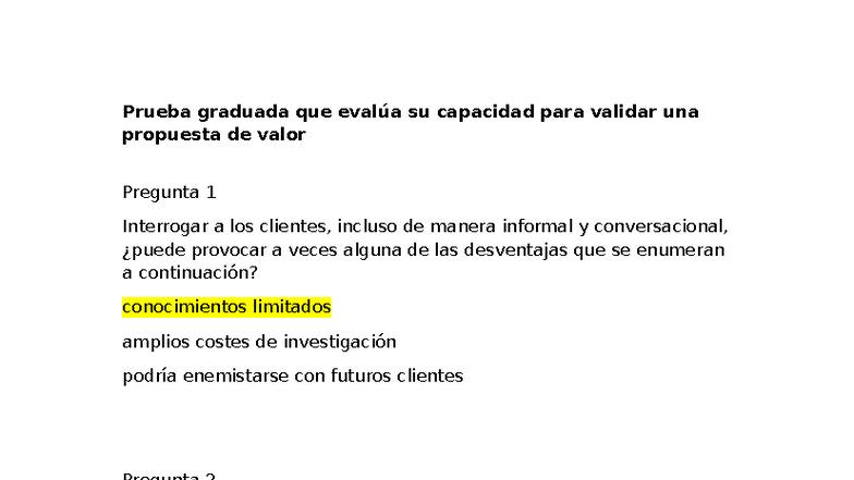 Prueba Graduada: Validación de Propuestas de Valor - Studocu