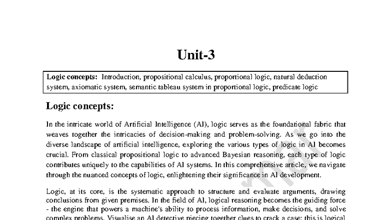 AI-Unit-3: Logic Concepts in Artificial Intelligence - Studocu