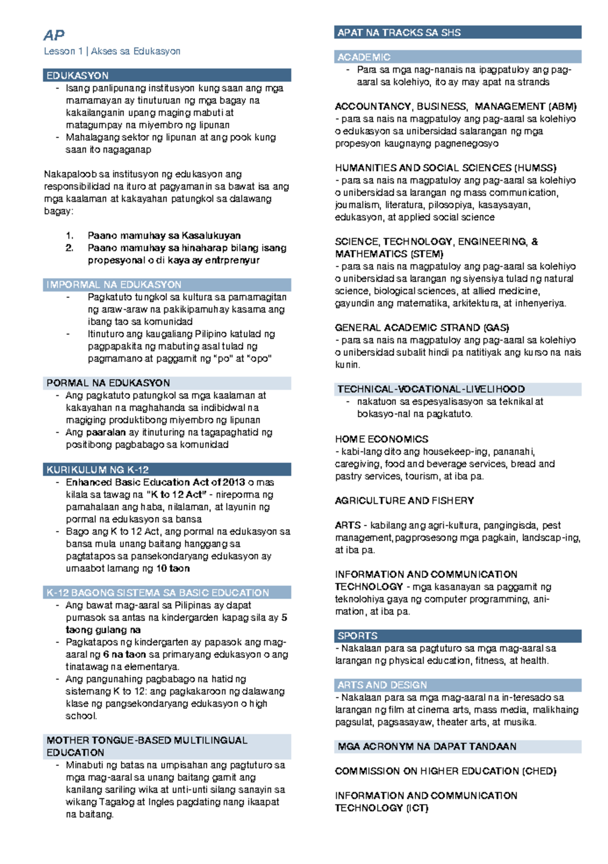 AP Reviewer - AP Lesson 1 | Akses sa Edukasyon EDUKASYON - Isang ...