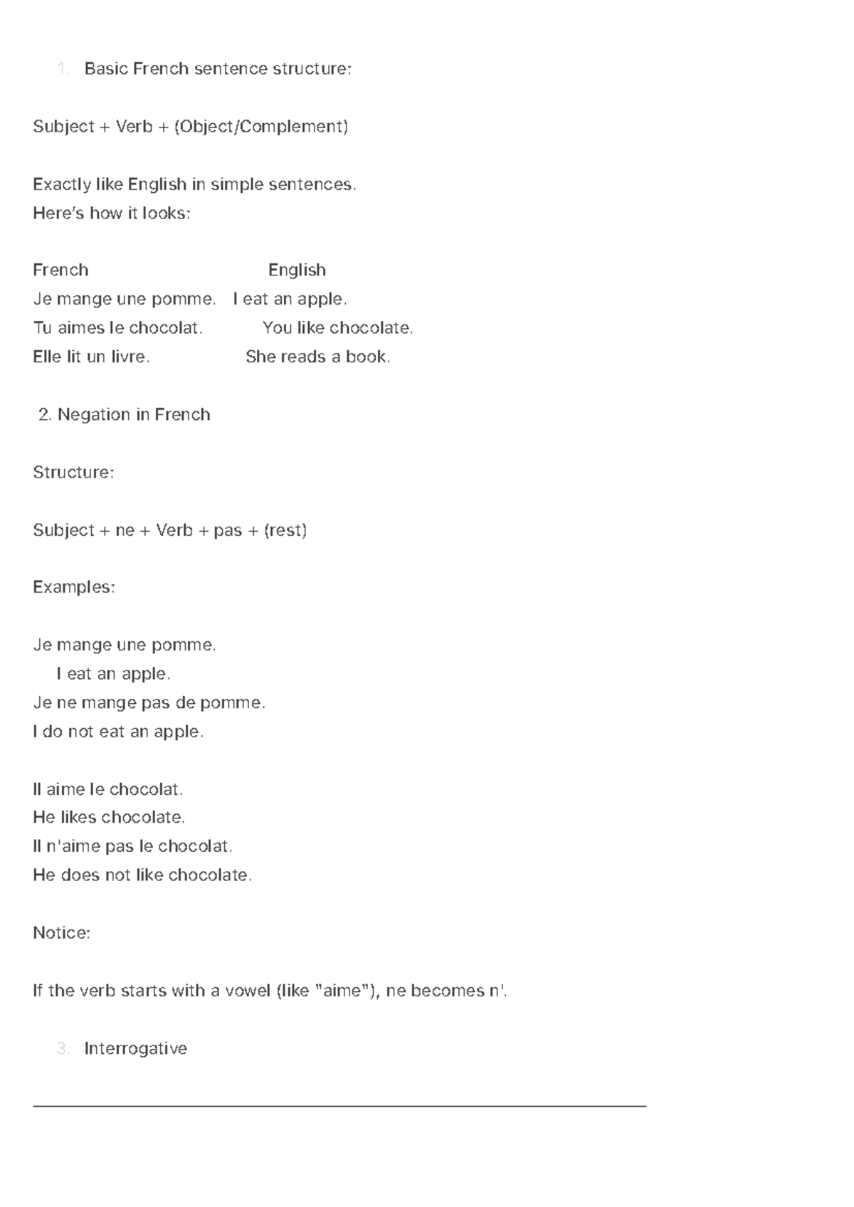 Basic French Sentence Structure: Subject-Verb Patterns and Negation ...