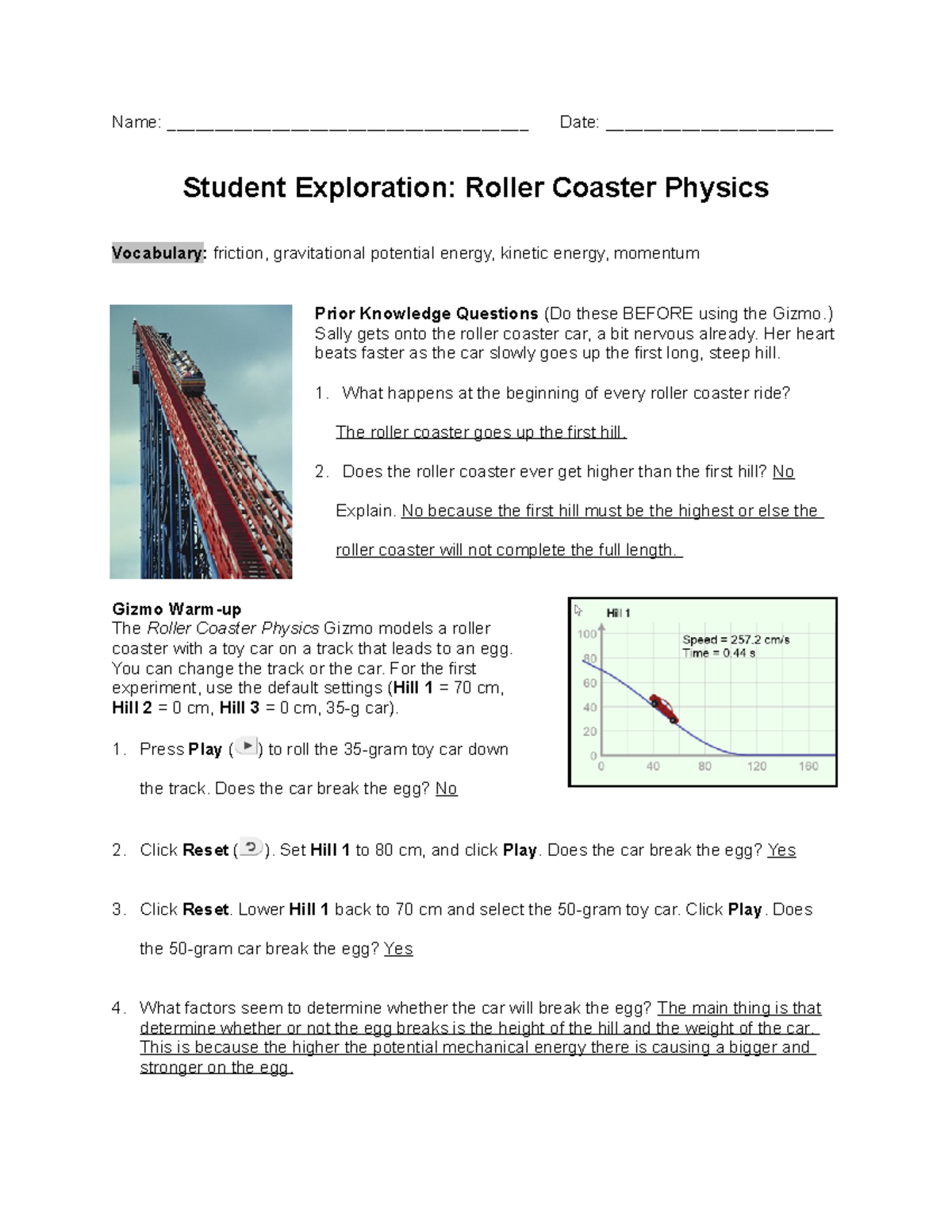 Roller Coaster Physics Worksheet (Gizmo Exploration) - Studocu