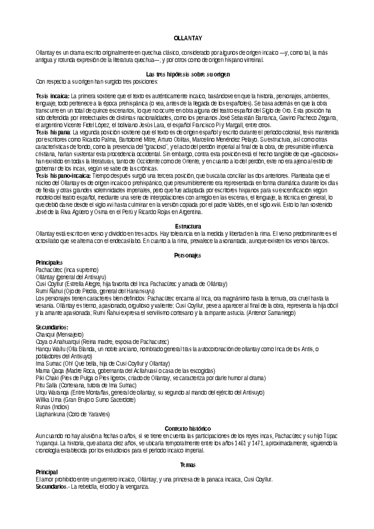 Análisis del Drama Incaico "Ollantay" - Literatura Quechua - Studocu