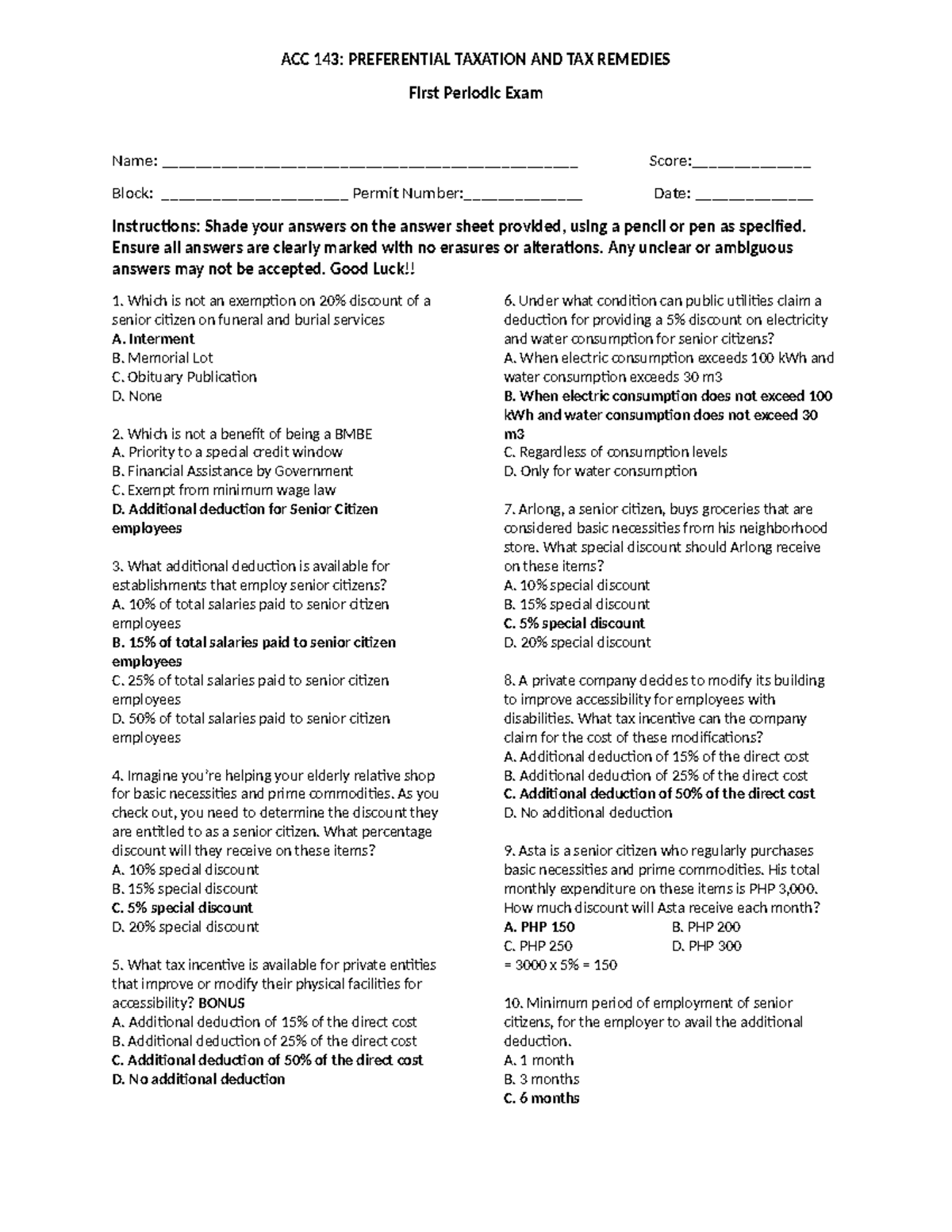 ACC 143: Preferential Taxation First Periodic Exam Answer Key - Studocu