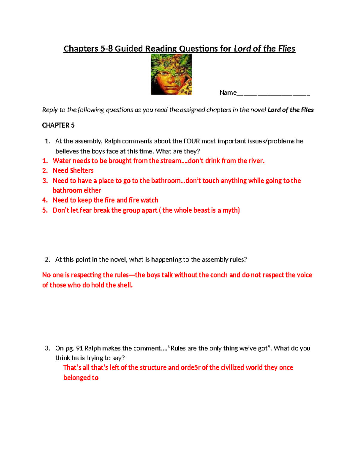 Chapters 5-8 Guided Reading Responses for Lord of the Flies (LIT-202 ...