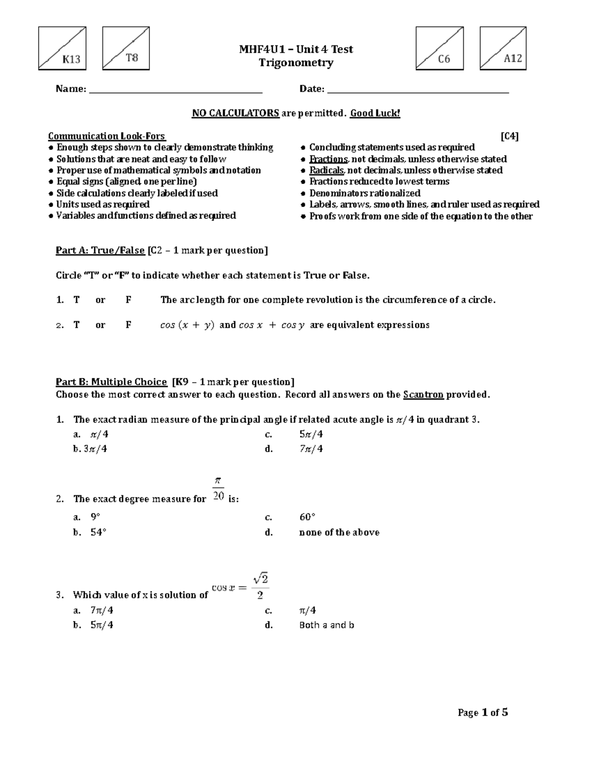 MHF4U U4 Assignment - May 2021 Practice Test - MHF4U1 – Unit 4 Test ...