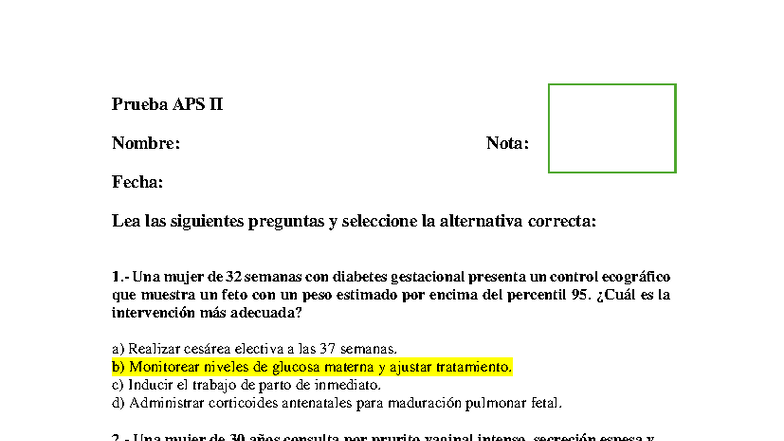 Respuestas Prueba APS II: Exámenes y Tratamientos Clínicos - Studocu