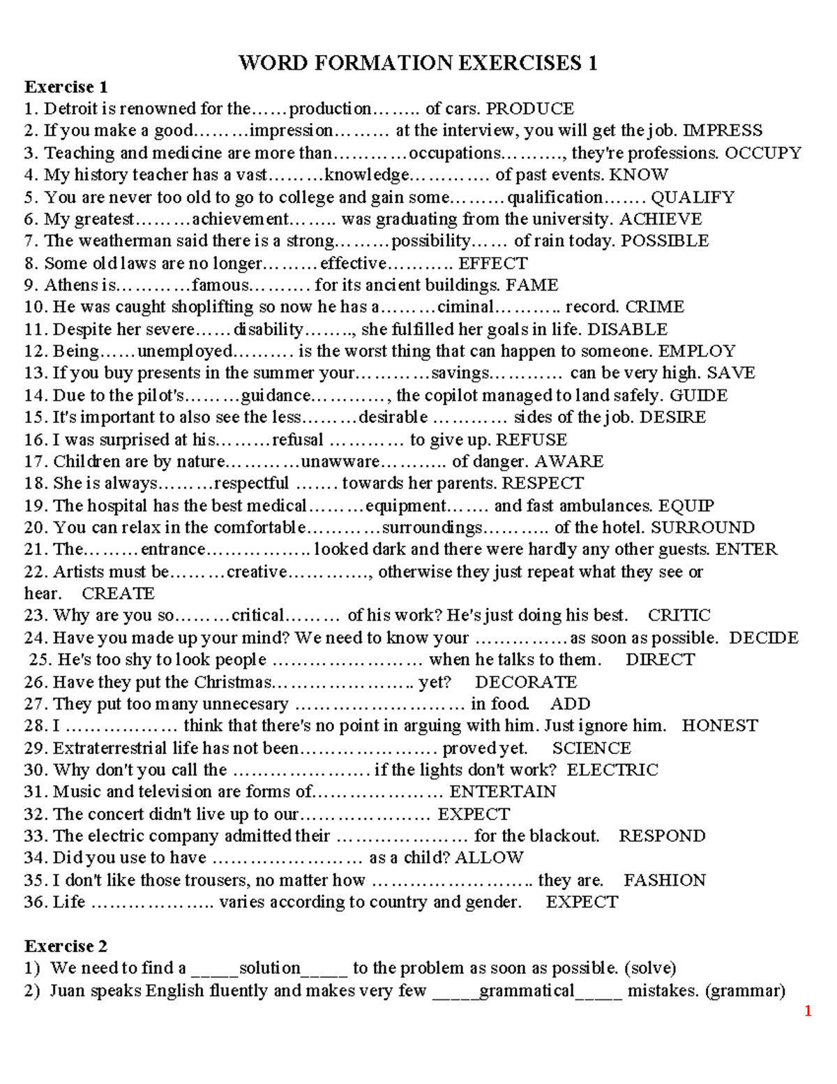 WORD FORMATION EXERCISES 1 (Course Code: WORD FORM 1) - Studocu
