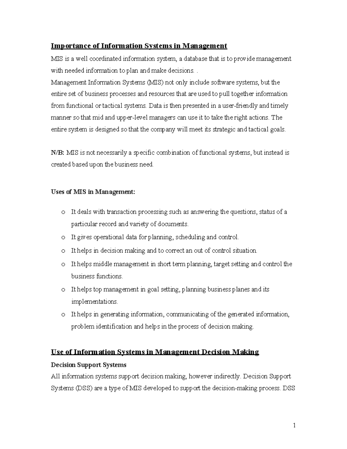 MIS 101: Importance of Information Systems in Management Overview - Studocu