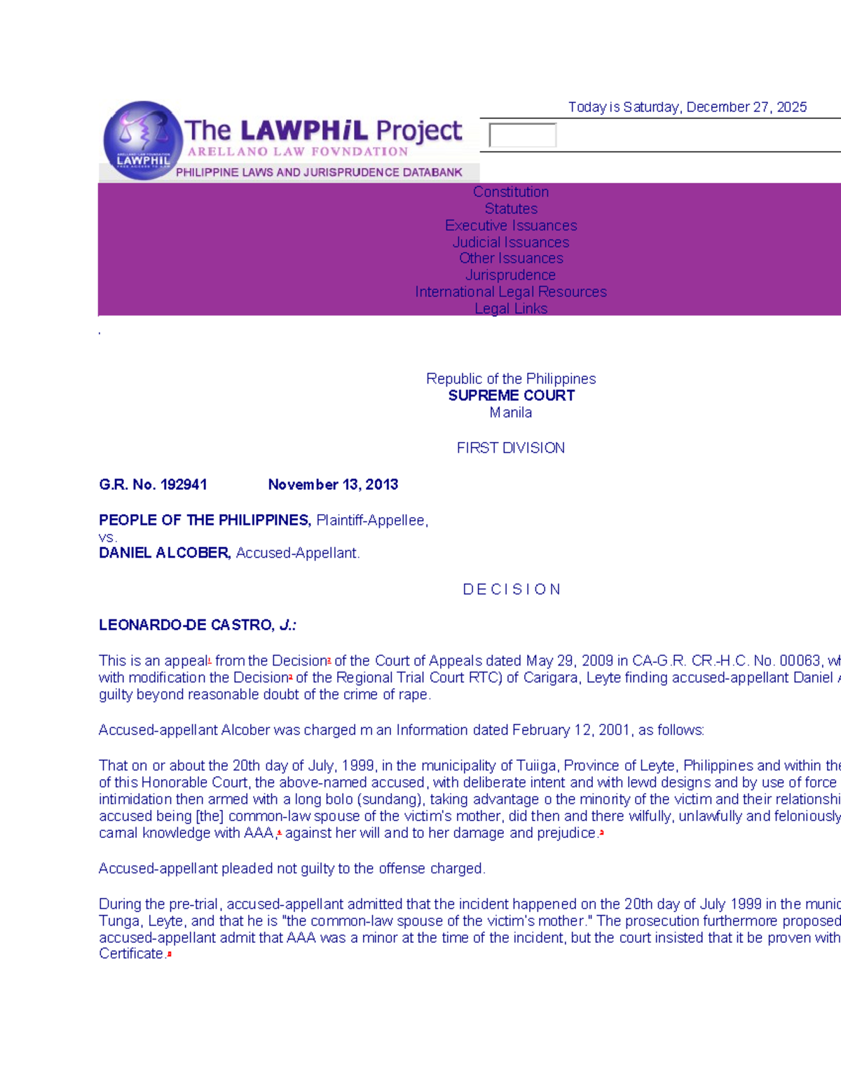 People vs. Daniel Alcober: G.R. No. 192941 Rape Case Analysis - Studocu