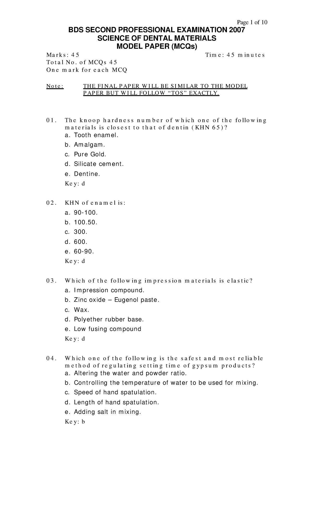 BDS 2nd Professional Exam 2007: Science of Dental Materials MCQs - Studocu