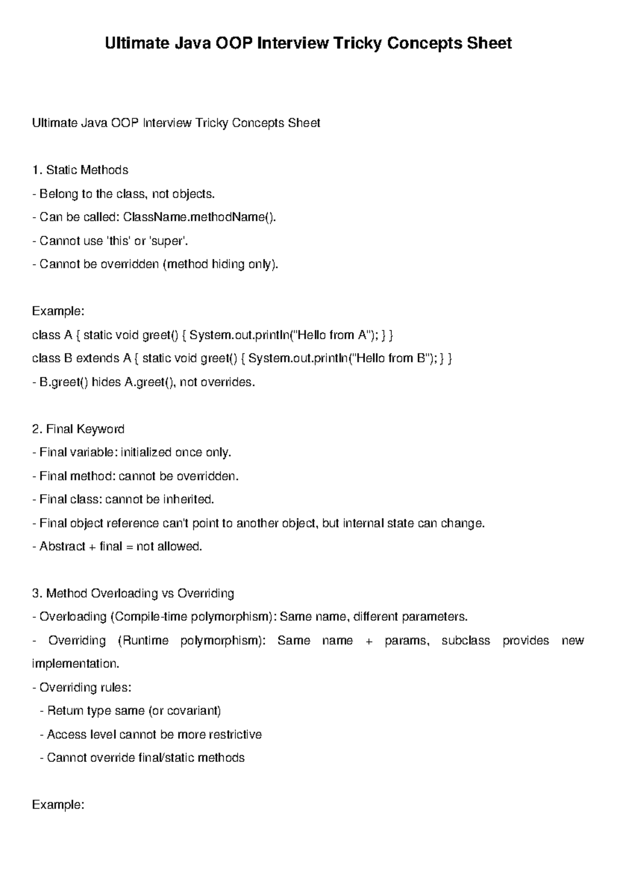Java OOP Interview Concepts Sheet: Key Tricky Points Explained - Studocu