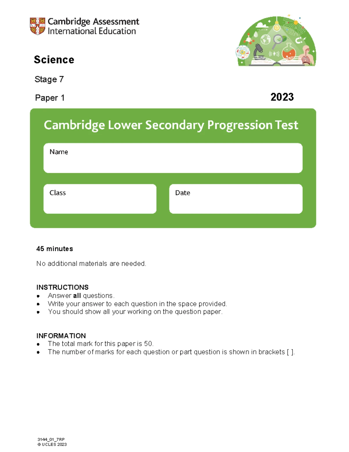 Science Stage 9 Paper 1 - progression test - 3146_01/7RP© UCLES 2023 ...