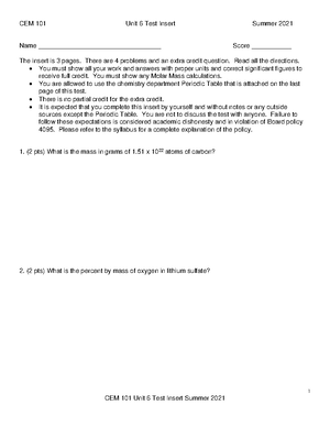 CEM 101 - LAB 1 - 1 Name (First and Last): Date: CEM 101 Lab 1: Science ...