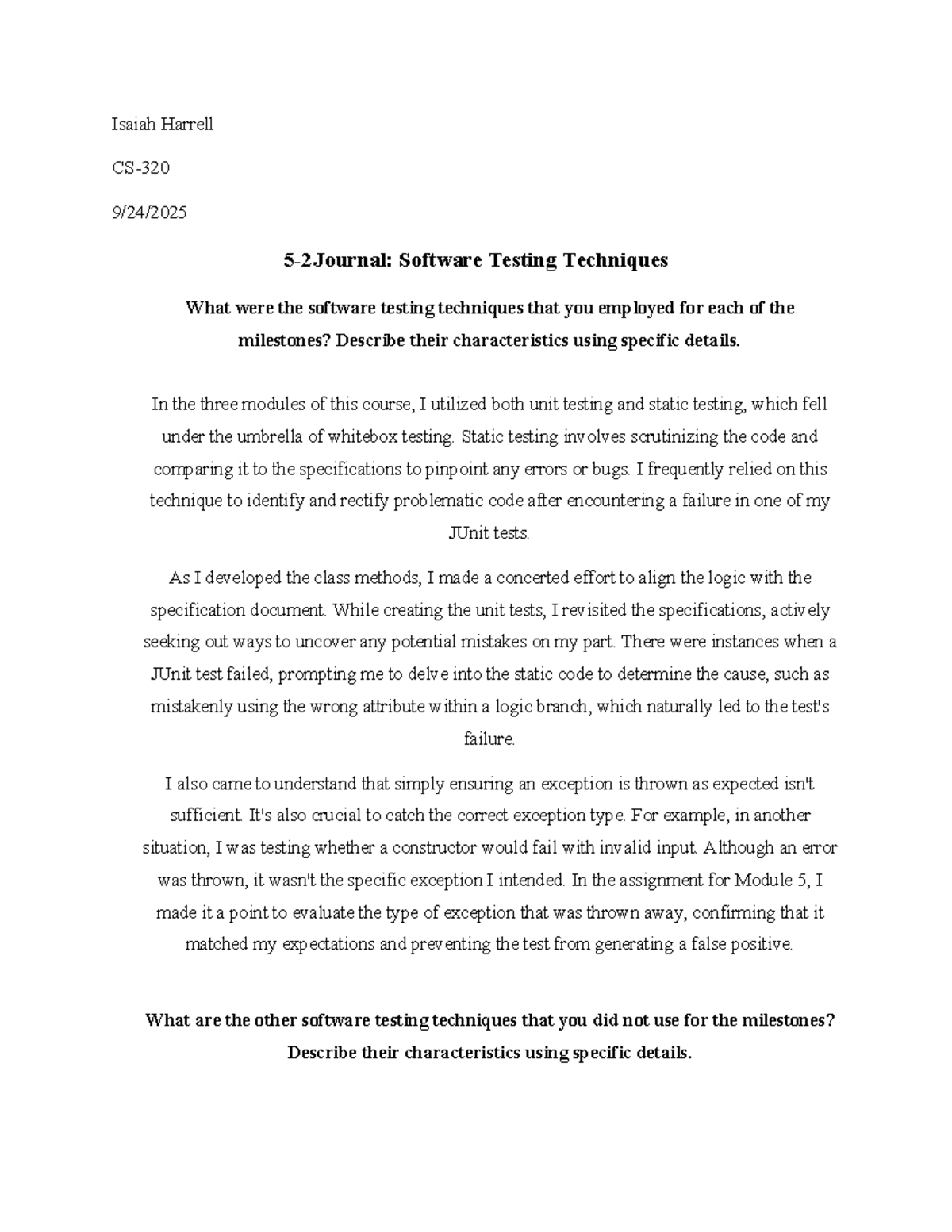 CS 320 5-2 Journal: Software Testing Techniques and Applications - Studocu