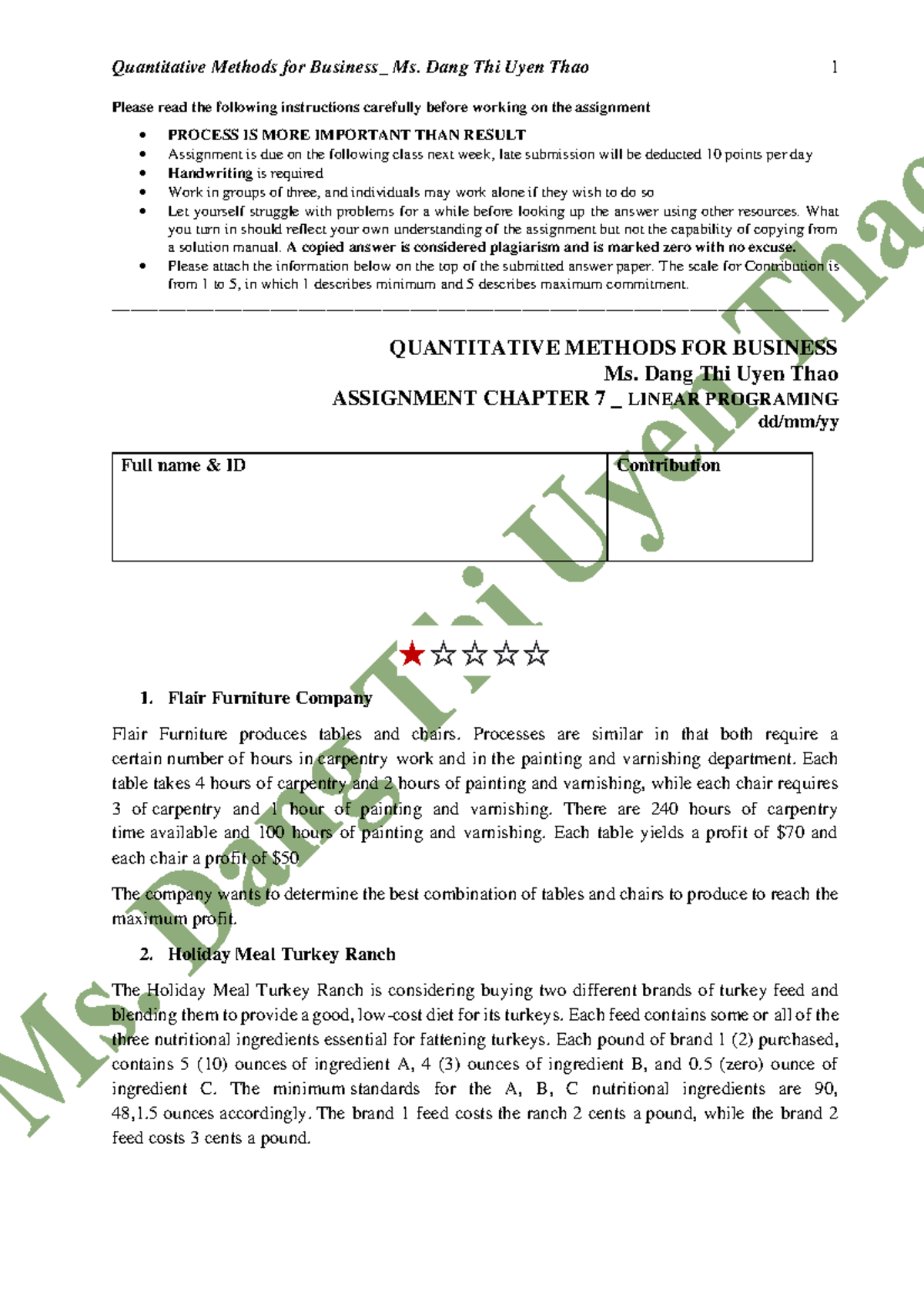 Quantitative Methods for Business (QM 101) - Assignment on Linear ...