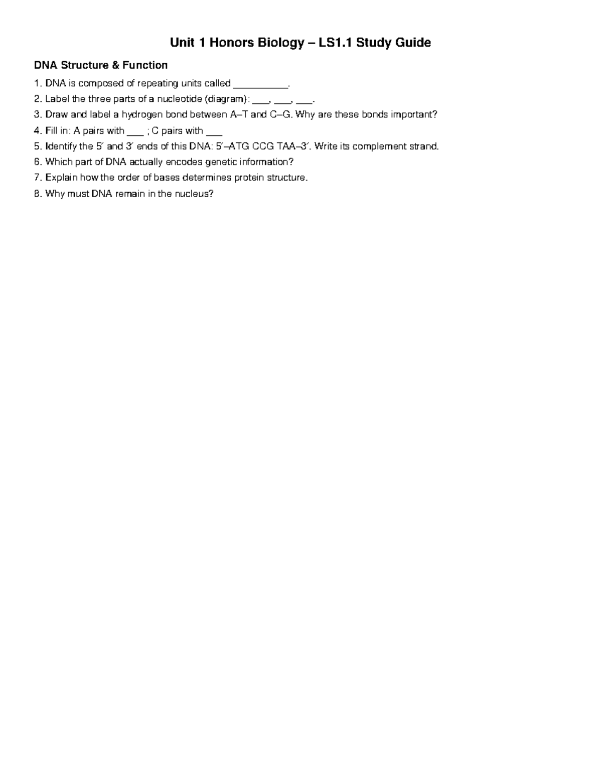 LS1.1 Comprehensive Study Guide: DNA Structure & Function - Studocu