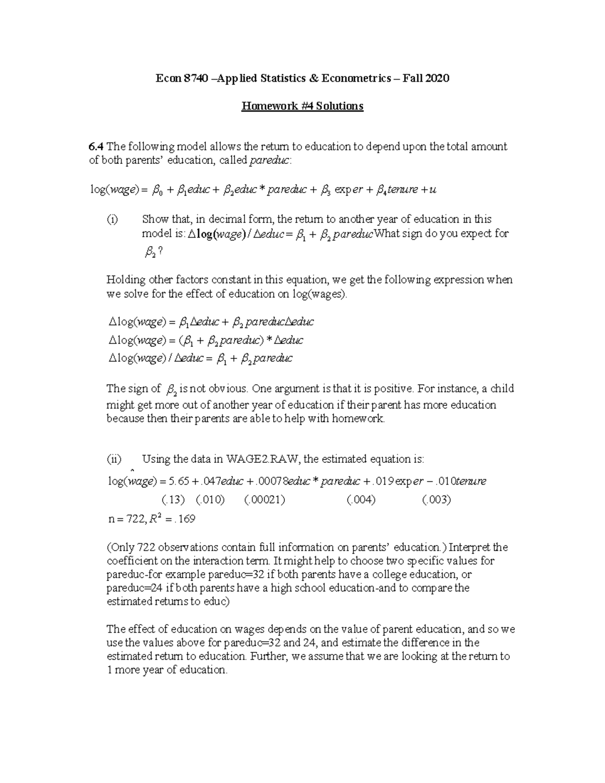 Econometrics HW4 Solutions - Econ 8740 Applied Stats & Econometrics ...