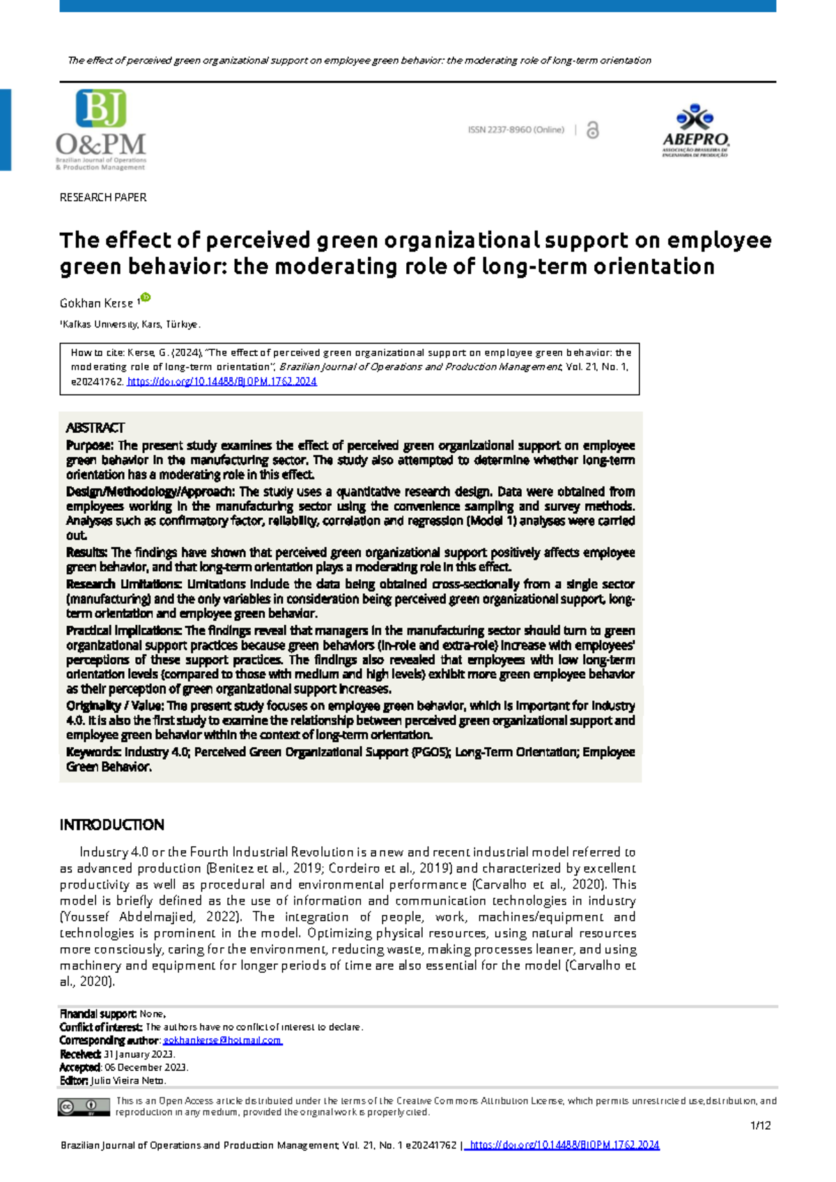 The Impact of Perceived Green Organizational Support on Employee Green ...