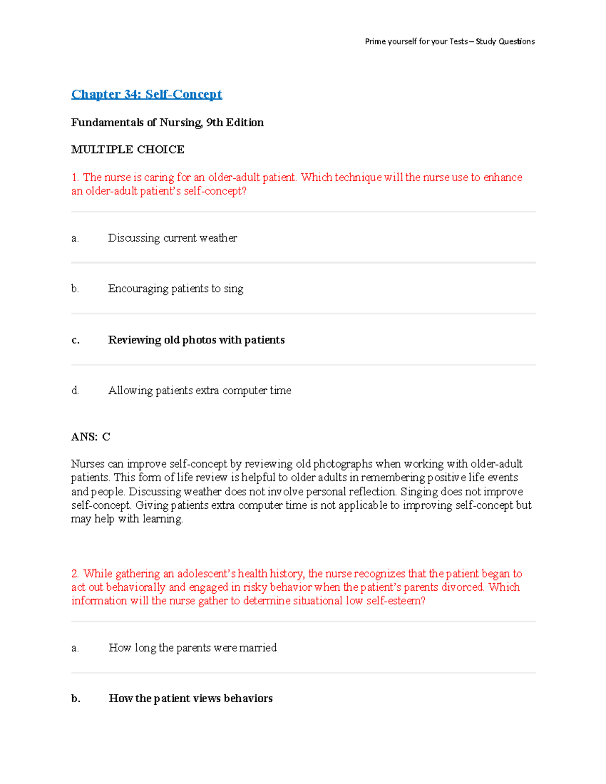 Chapter 34 - Self-Concept Practice Questions for Nursing Fundamentals ...