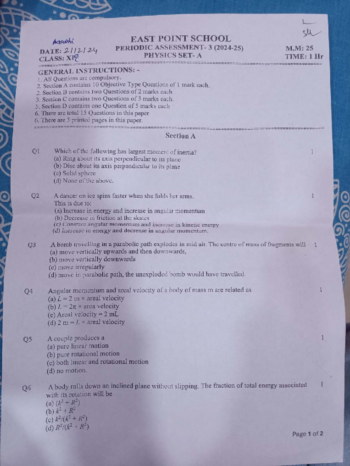 Physics Papers - Important Questions for Class XI Annual Exam (PHYSICS ...