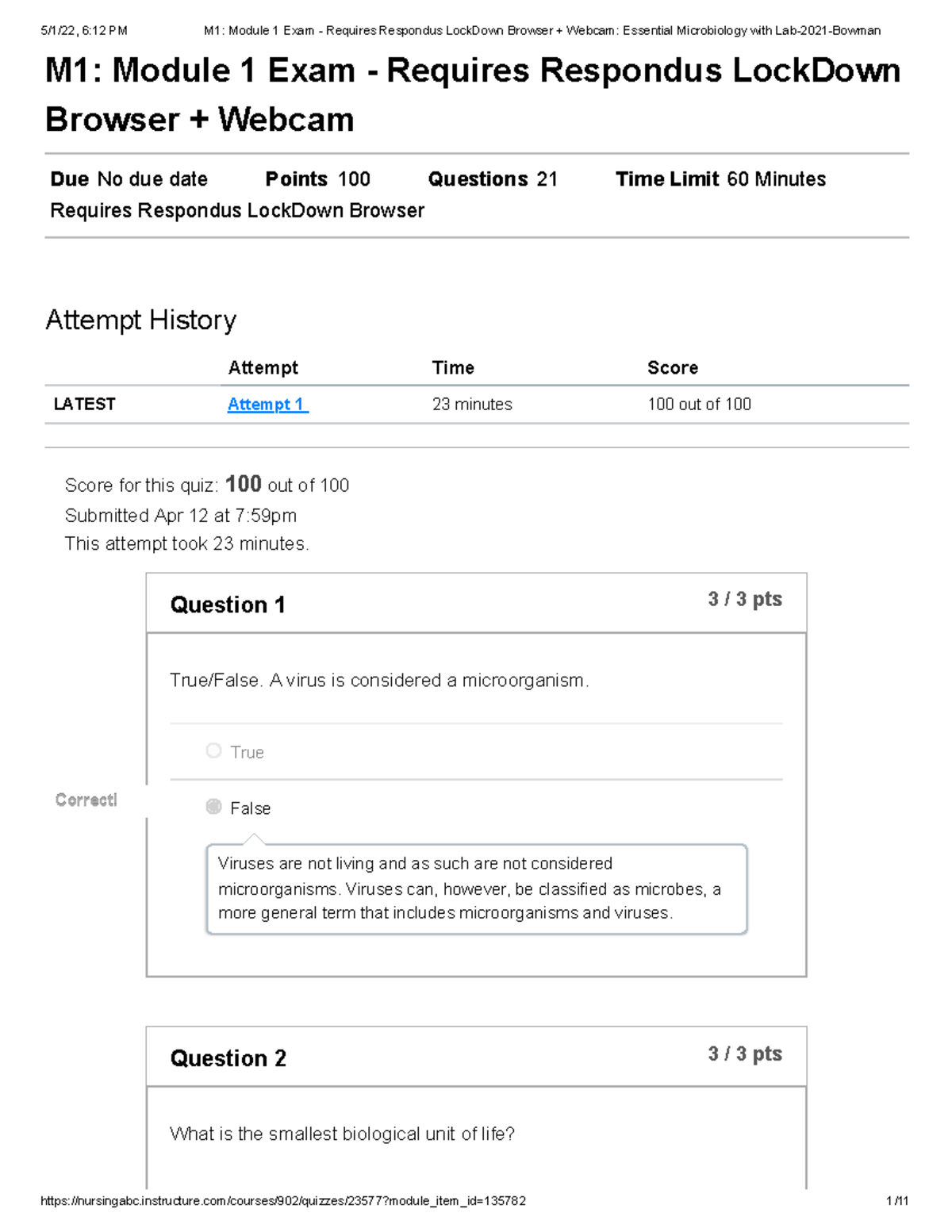 M1 Essential Microbiology Module 1 Exam with Respondus LockDown Browser ...