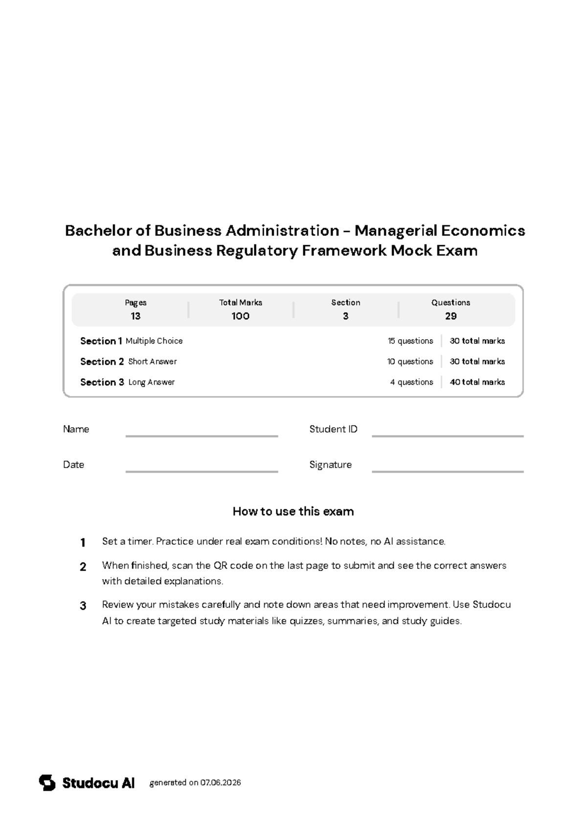 BBA Mock Exam: Managerial Economics & Business Law - Studocu